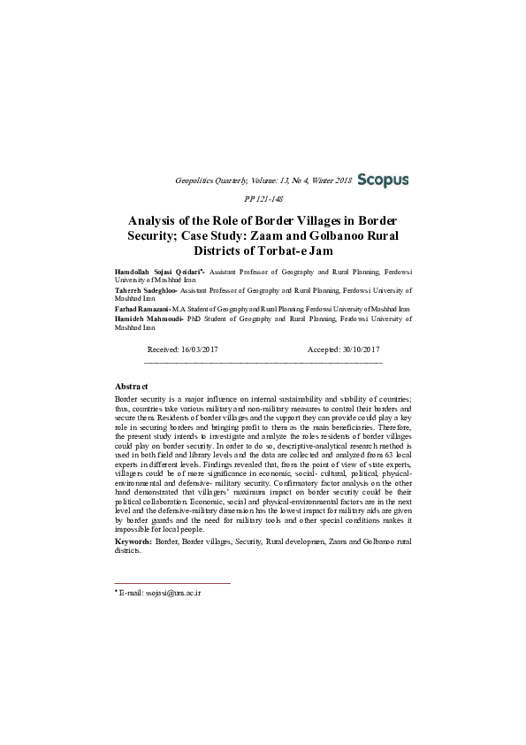 (PDF) Analysis of the Role of Border Villages in Border Security ; Case ...