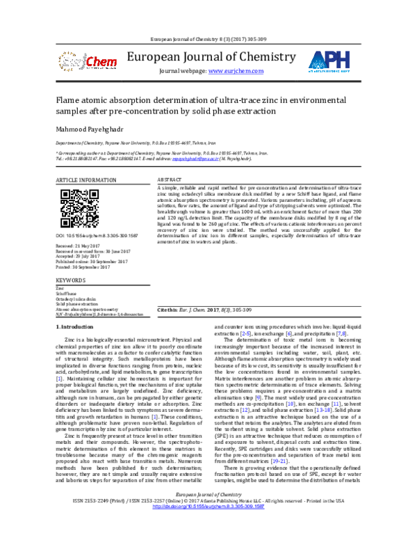 Pdf Flame Atomic Absorption Determination Of Ultra Trace Zinc In Environmental Samples After