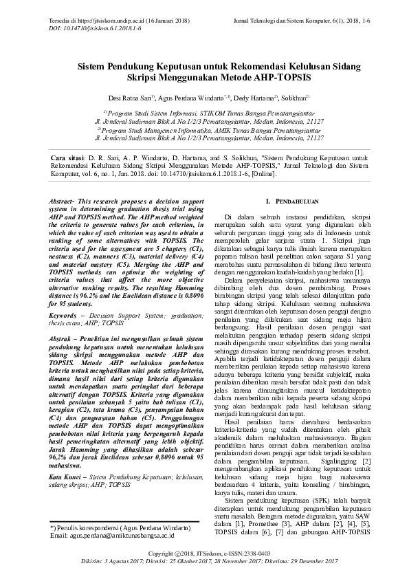 (PDF) Decision Support System for Thesis Graduation Recommendation Using AHP-TOPSIS Method