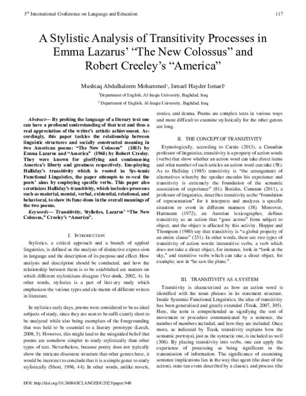 (PDF) A Stylistic Analysis of Transitivity Processes in Emma Lazarus ...