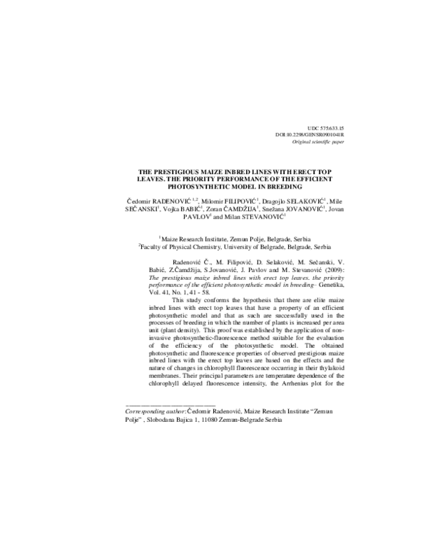 (PDF) Original scientific paper THE PRESTIGIOUS MAIZE INBRED LINES WITH ERECT TOP LEAVES. THE ...