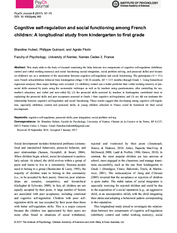 (PDF) Cognitive self-regulation and social functioning among French ...