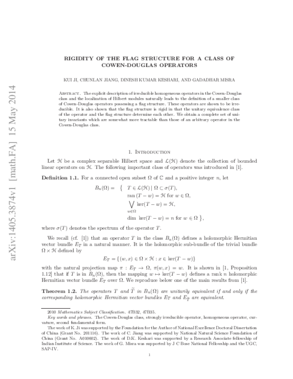 (PDF) Rigidity of the flag structure for a class of Cowen–Douglas ...