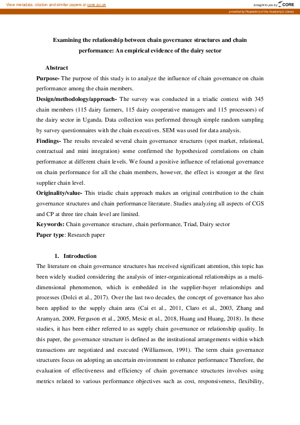 (PDF) Chain Governance and Performance in Dairy Sector
