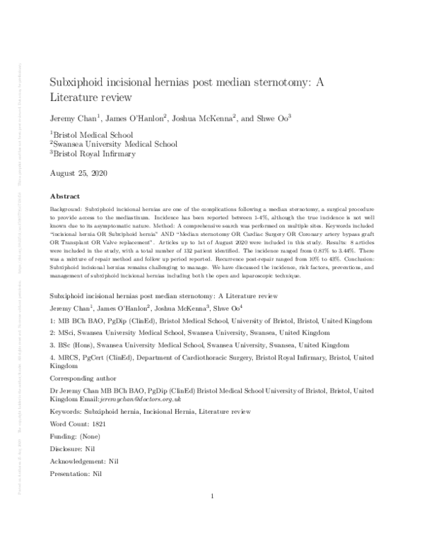 (PDF) Subxiphoid incisional hernias post median sternotomy: A ...