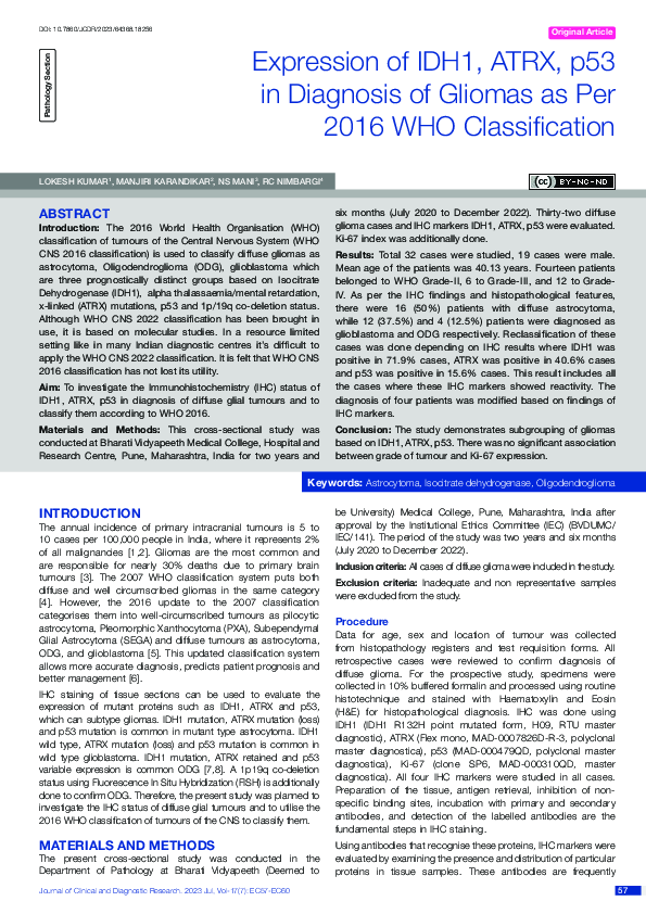 (PDF) Expression of IDH1, ATRX, p53 in Diagnosis of Gliomas as Per 2016 WHO Classification ...