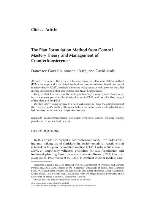 (PDF) The Plan Formulation Method from Control Mastery Theory and Management of Countertransference