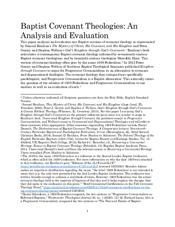 (PDF) Baptist Covenant Theologies: An Analysis and Evaluation