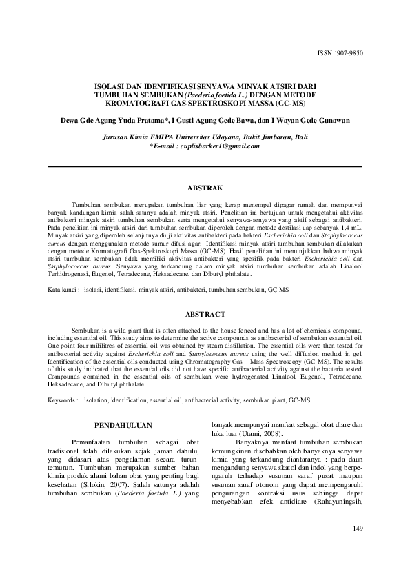 (PDF) ISOLASI DAN IDENTIFIKASI SENYAWA MINYAK ATSIRI DARI TUMBUHAN SEMBUKAN (Paederia foetida L ...