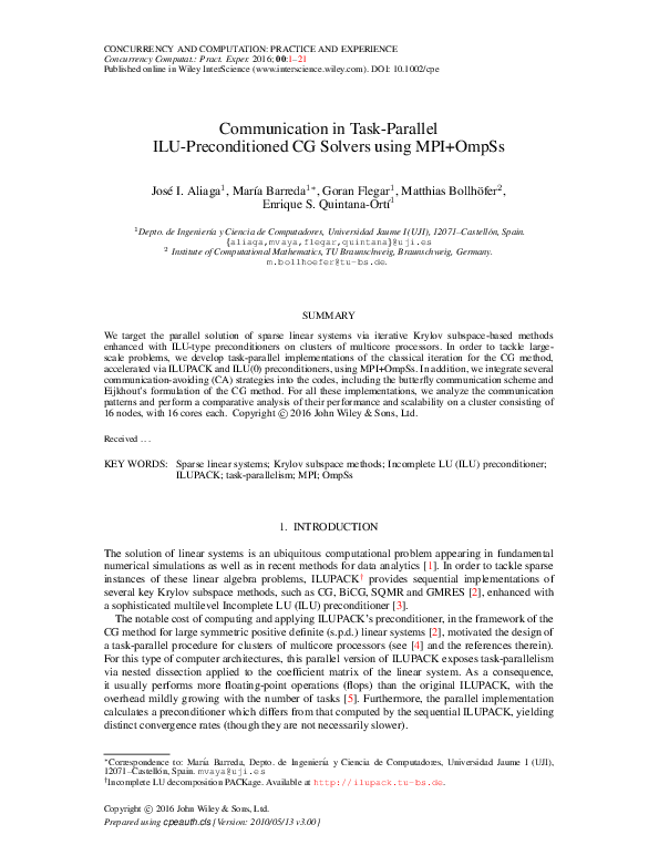 Pdf Communication In Task Parallel Ilu Preconditioned Cg Solvers Using Mpi Ompss