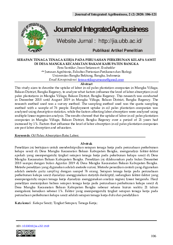 (PDF) Serapan Tenaga Tenaga Kerja Pada Perusahan Perkebunan Kelapa Sawit DI Desa Mangka ...