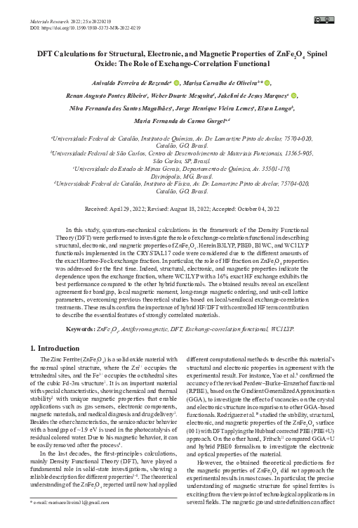 (PDF) DFT Calculations for Structural, Electronic, and Magnetic Properties of ZnFe2O4 Spinel ...