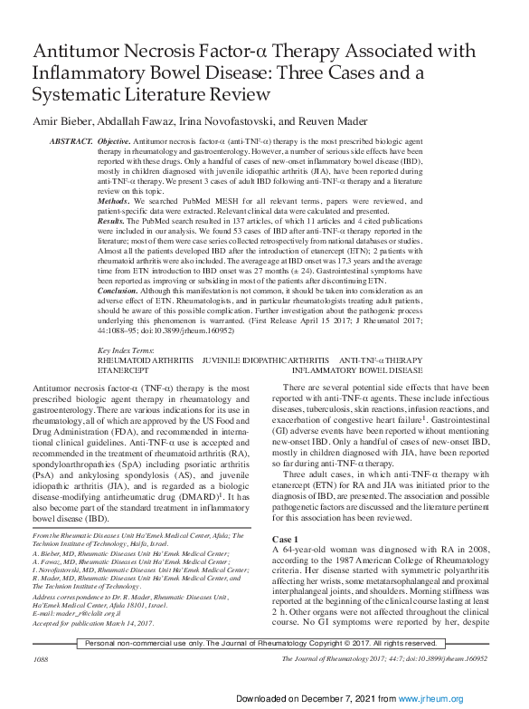 (PDF) Antitumor Necrosis Factor-α Therapy Associated with Inflammatory Bowel Disease: Three ...