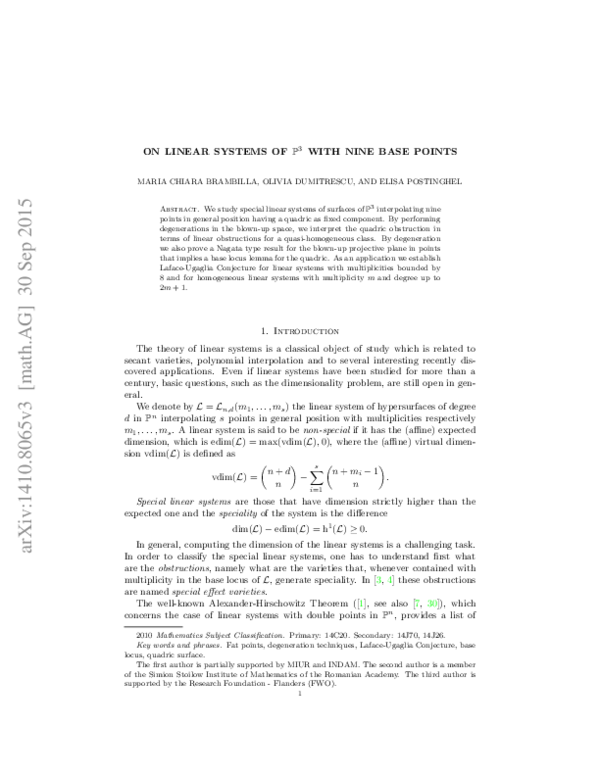(PDF) On Linear Systems of P³ with Nine Base Points