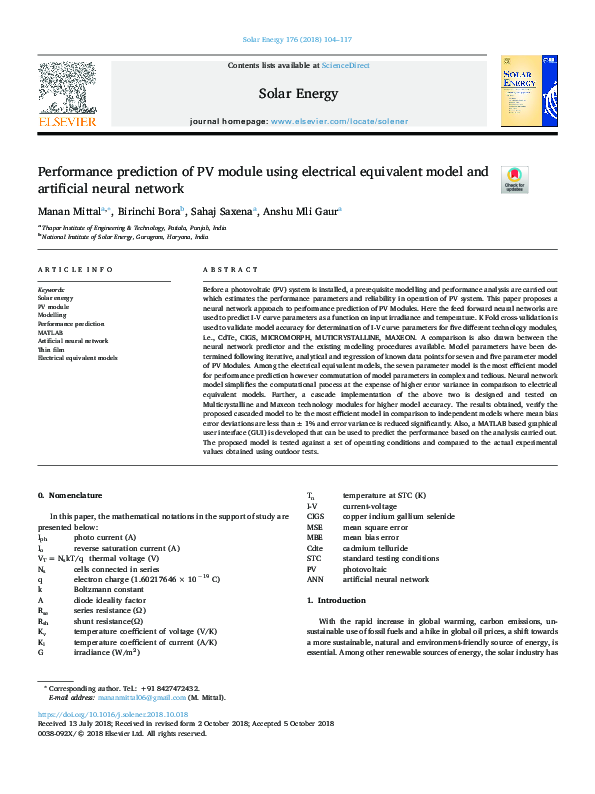 (PDF) Performance prediction of PV module using electrical equivalent model and artificial ...
