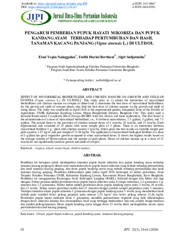 (PDF) PENGARUH PEMBERIAN PUPUK HAYATI MIKORIZA DAN PUPUK KANDANG AYAM TERHADAP PERTUMBUHAN DAN ...