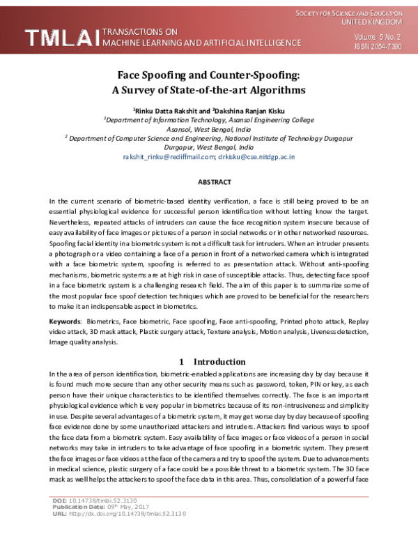 (PDF) Face Spoofing and Counter-Spoofing: A Survey of State-of-the-art Algorithms