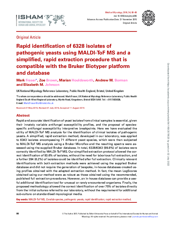 Pdf Rapid Identification Of 6328 Isolates Of Pathogenic Yeasts Using