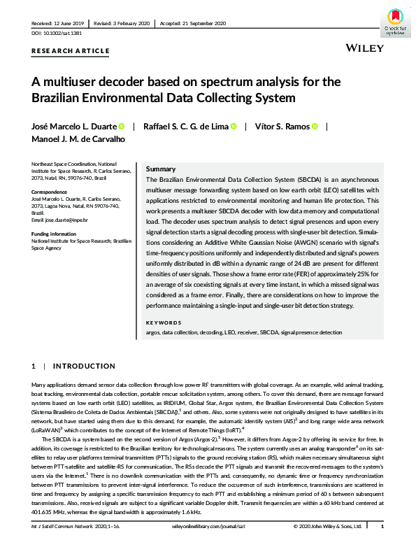 (PDF) A multiuser decoder based on spectrum analysis for the Brazilian Environmental Data ...
