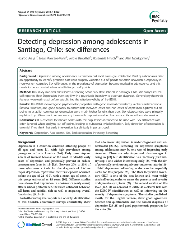 Pdf Detecting Depression Among Adolescents In Santiago Chile Sex Differences