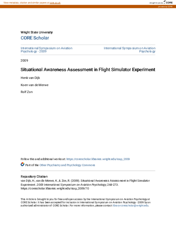 (PDF) Situational Awareness Assessment in Flight Simulator Experiment