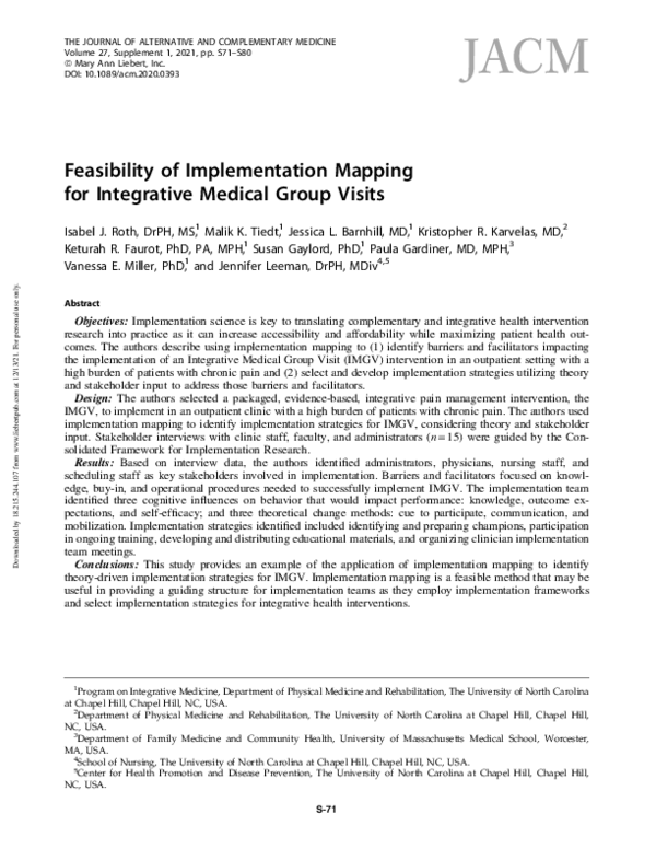 (PDF) Feasibility of Implementation Mapping for Integrative Medical ...