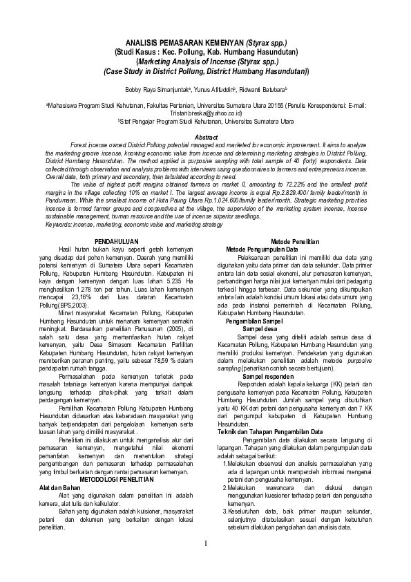 (PDF) ANALISIS PEMASARAN KEMENYAN (Styrax spp.) (Studi Kasus : Kec ...