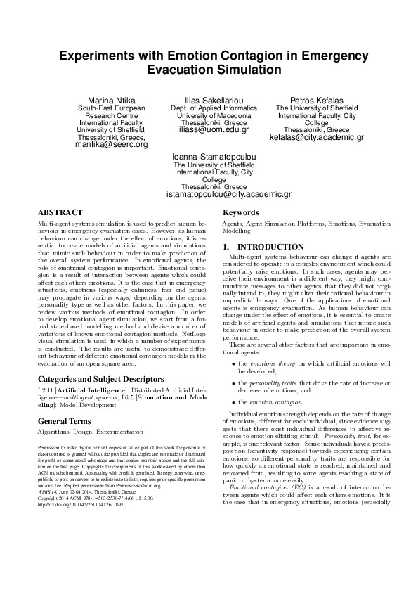 (PDF) Experiments with Emotion Contagion in Emergency Evacuation Simulation