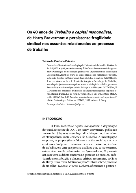 (PDF) Os 40 anos de Trabalho e capital monopolista, de Harry Braverman ...