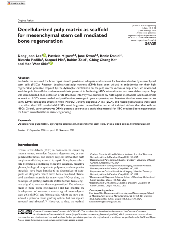 (PDF) Decellularized pulp matrix as scaffold for mesenchymal stem cell ...