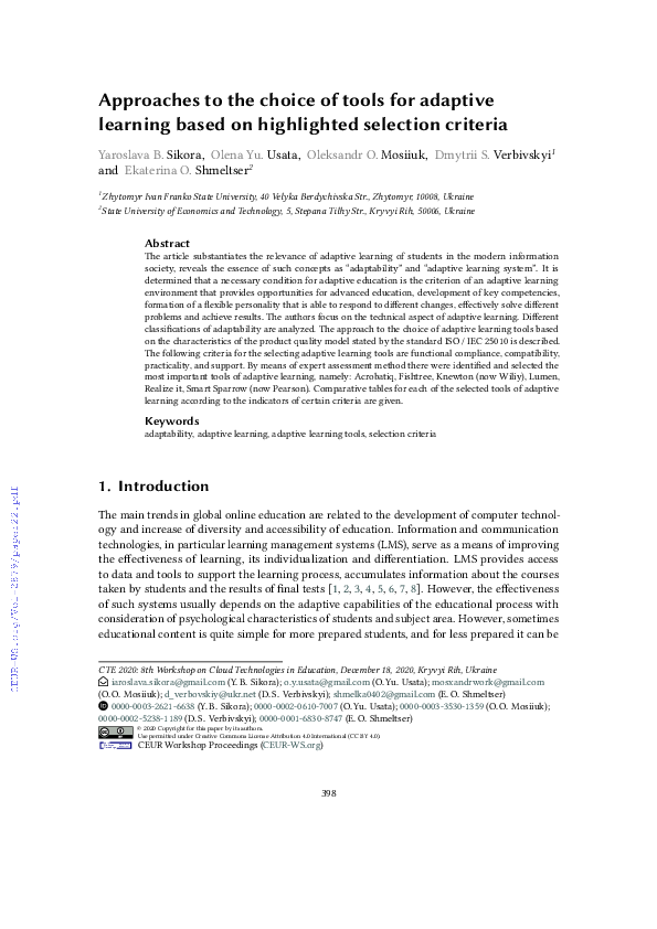 (PDF) Approaches to the choice of tools for adaptive learning based on highlighted selection ...