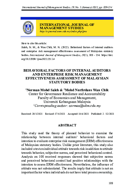 (PDF) Behavioral Factors of Internal Auditors and Enterprise Risk Management Effectiveness ...