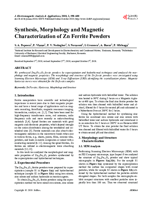 (PDF) Synthesis, Morphology and Magnetic Characterization of Zn Ferrite Powders