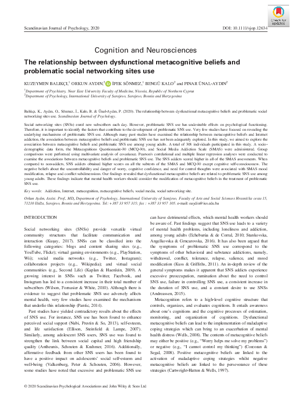 (PDF) The relationship between dysfunctional metacognitive beliefs and ...