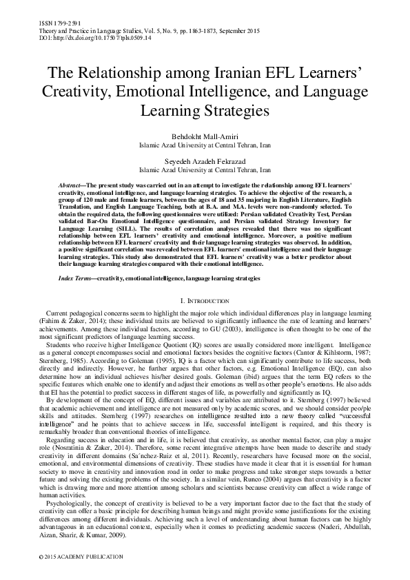 (PDF) The Relationship among Iranian EFL Learners’ Creativity, Emotional Intelligence, and ...