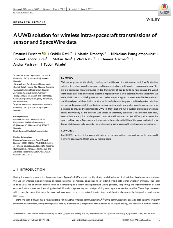 (PDF) A UWB solution for wireless intra‐spacecraft transmissions of sensor and SpaceWire data
