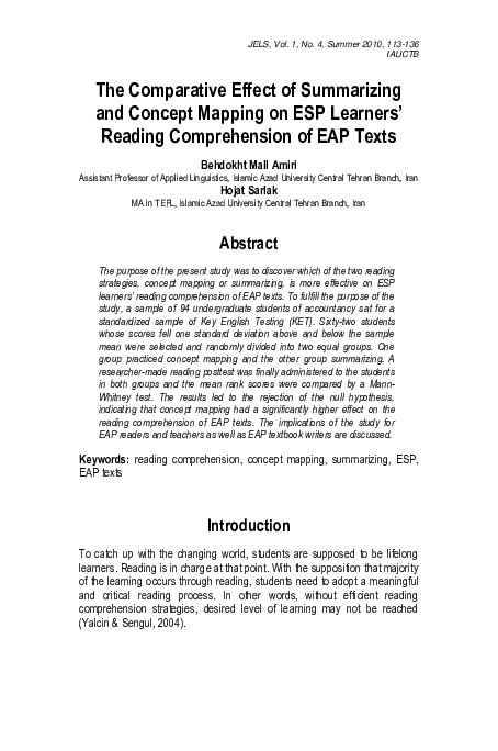(PDF) The Comparative Effect of Summarizing and Concept Mapping on ESP Learners' Reading ...