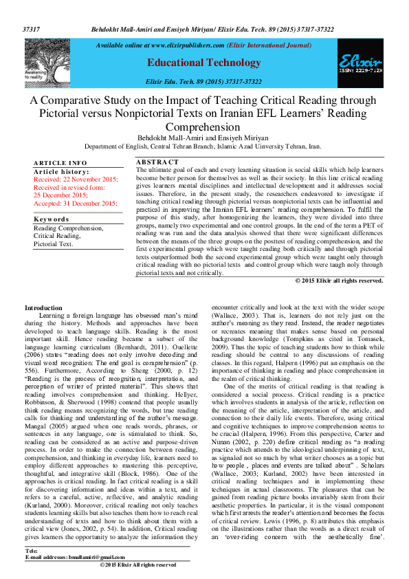 (PDF) A Comparative Study on the Impact of Teaching Critical Reading through Pictorial versus ...