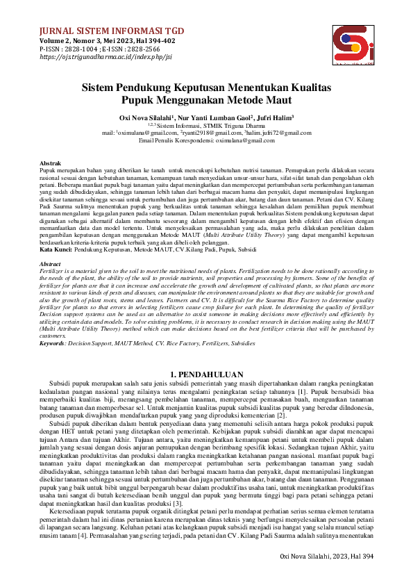 (PDF) Sistem Pendukung Keputusan Menentukan Kualitas Pupuk Menggunakan Metode Maut