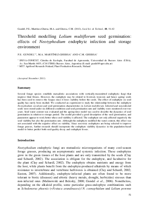 (PDF) Threshold modelling Lolium multiflorum seed germination: effects ...