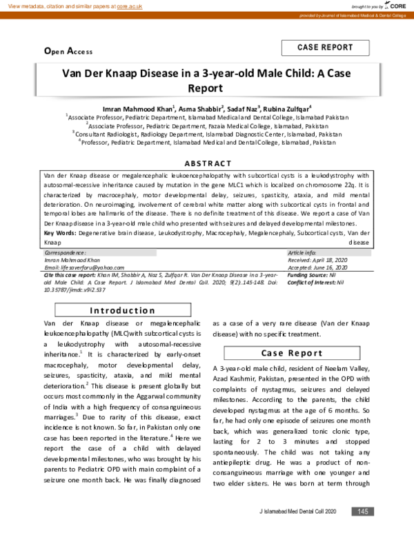 (PDF) Van Der Knaap Disease in a 3-year-old Male Child: A Case Report