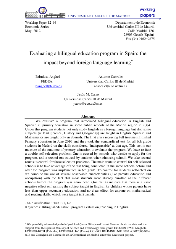 (PDF) Evaluating a Bilingual Education Program in Spain: The Impact ...