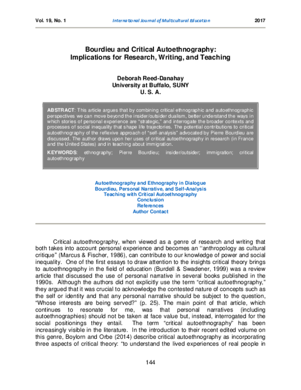 (PDF) Bourdieu and Critical Autoethnography: Implications for Research, Writing, and Teaching