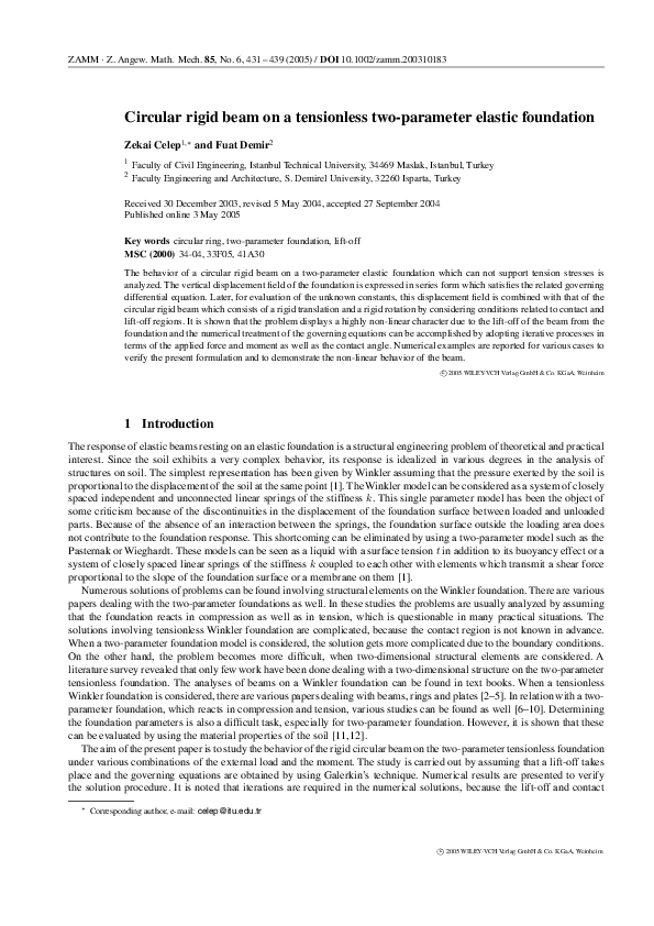 (PDF) Circular rigid beam on a tensionless two-parameter elastic foundation