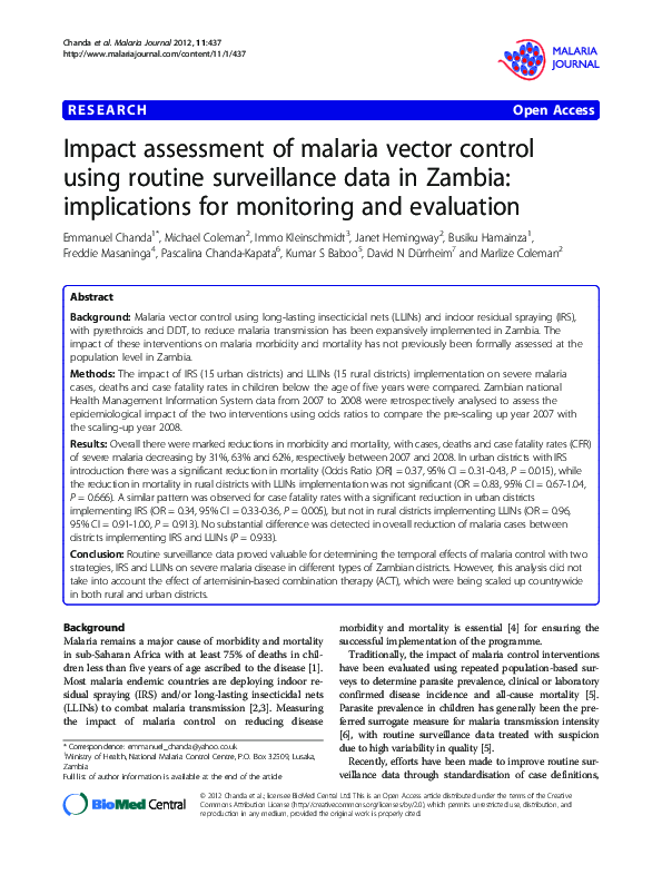 (PDF) Impact assessment of malaria vector control using routine ...
