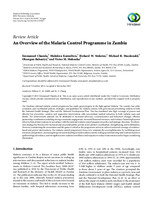 (PDF) An Overview of the Malaria Control Programme in Zambia