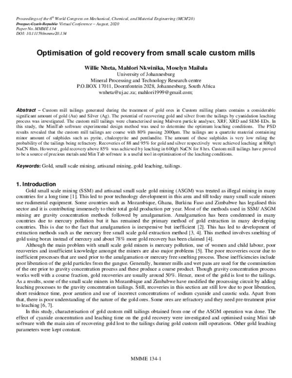 (PDF) Optimisation of gold recovery from small scale custom mills