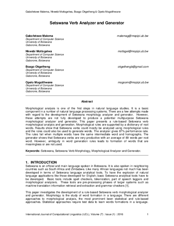 (PDF) Setswana Verb Analyzer and Generator