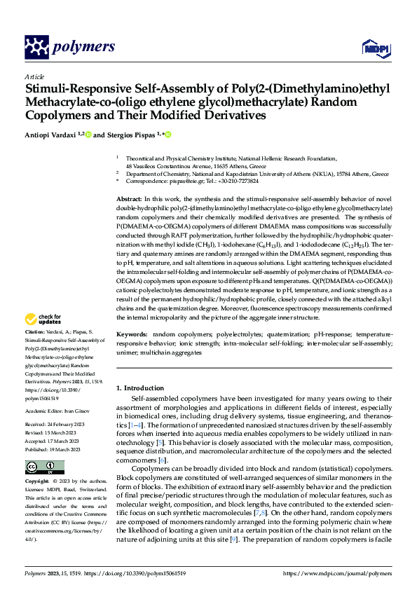 (PDF) Stimuli-Responsive Self-Assembly of Poly(2-(Dimethylamino)ethyl Methacrylate-co-(oligo ...