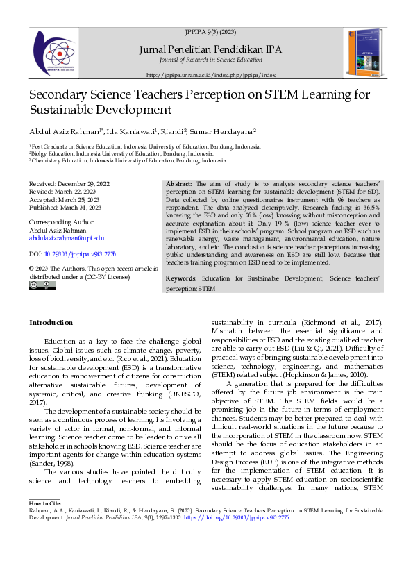 Pdf Secondary Science Teachers Perception On Stem Learning For Sustainable Development